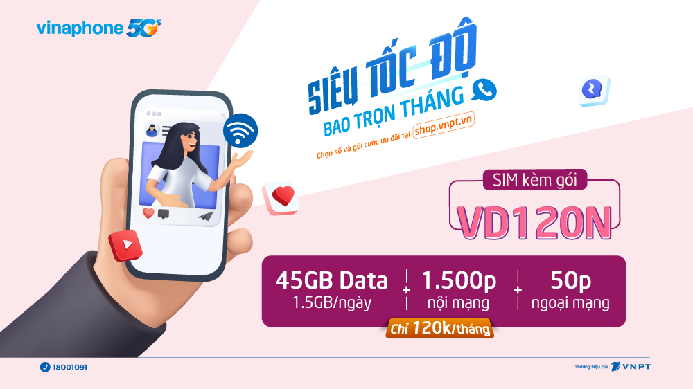 Đăng ký sim kèm gói VD120N Vinaphone nhận ngay 45GB và 1550 phút
